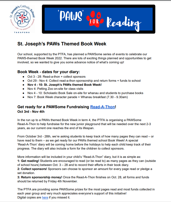 UPDATE – “Paws For Reading” Book Week – St Joseph's Catholic School Takapuna